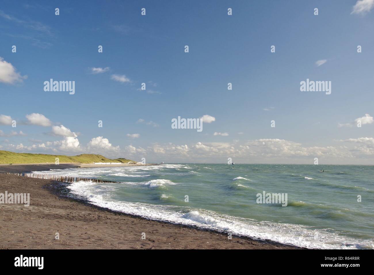 dyke,dunes,beach and north sea with seagoing vessels at westkapelle ...