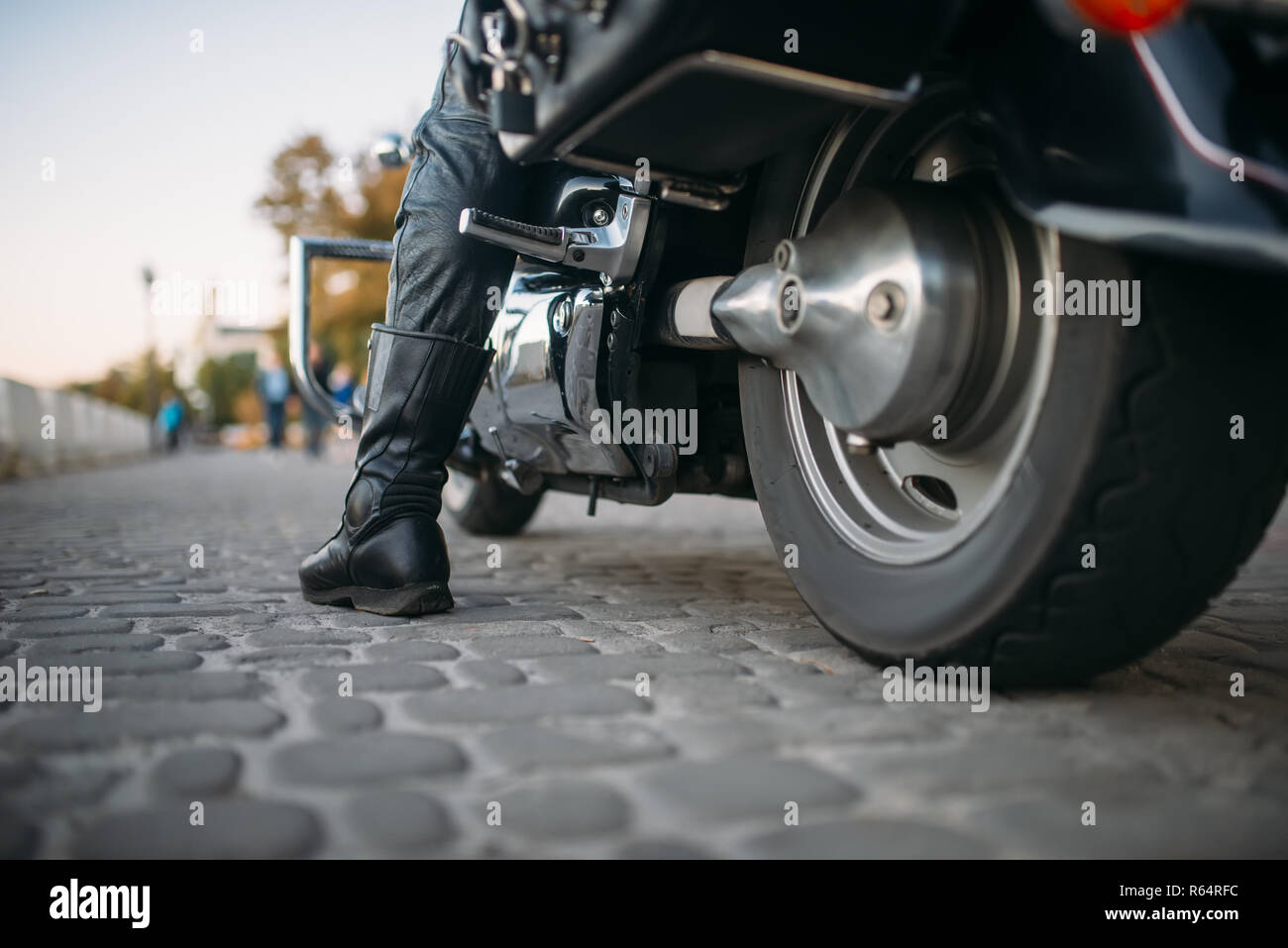 Biker in leather clothes sitting on a motorcycle, back view from ground ...