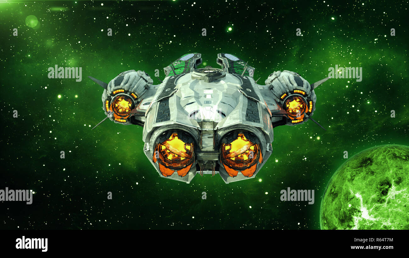 Alien spaceship in deep space with planets and stars in the background, UFO spacecraft flying in ...