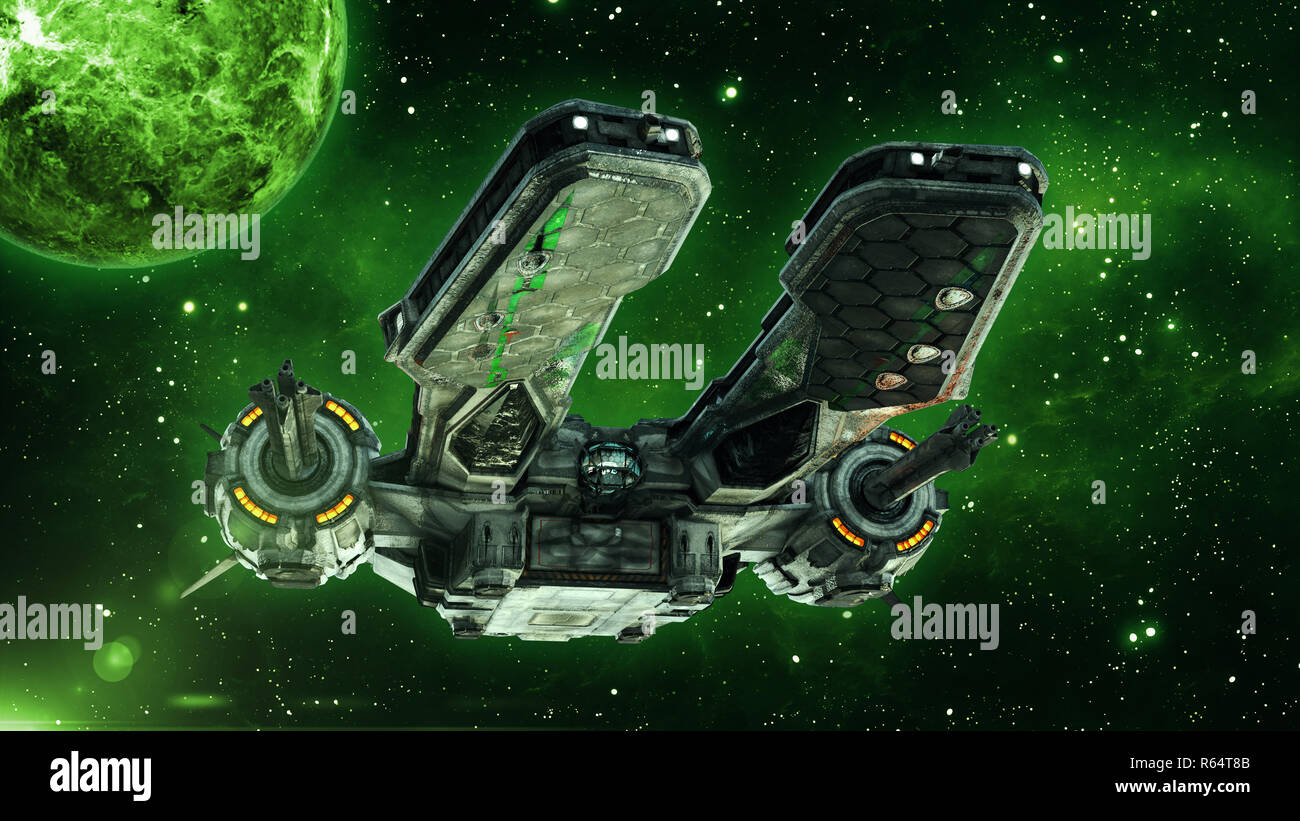 Alien spaceship in deep space with planets and stars in the background, UFO spacecraft flying in ...