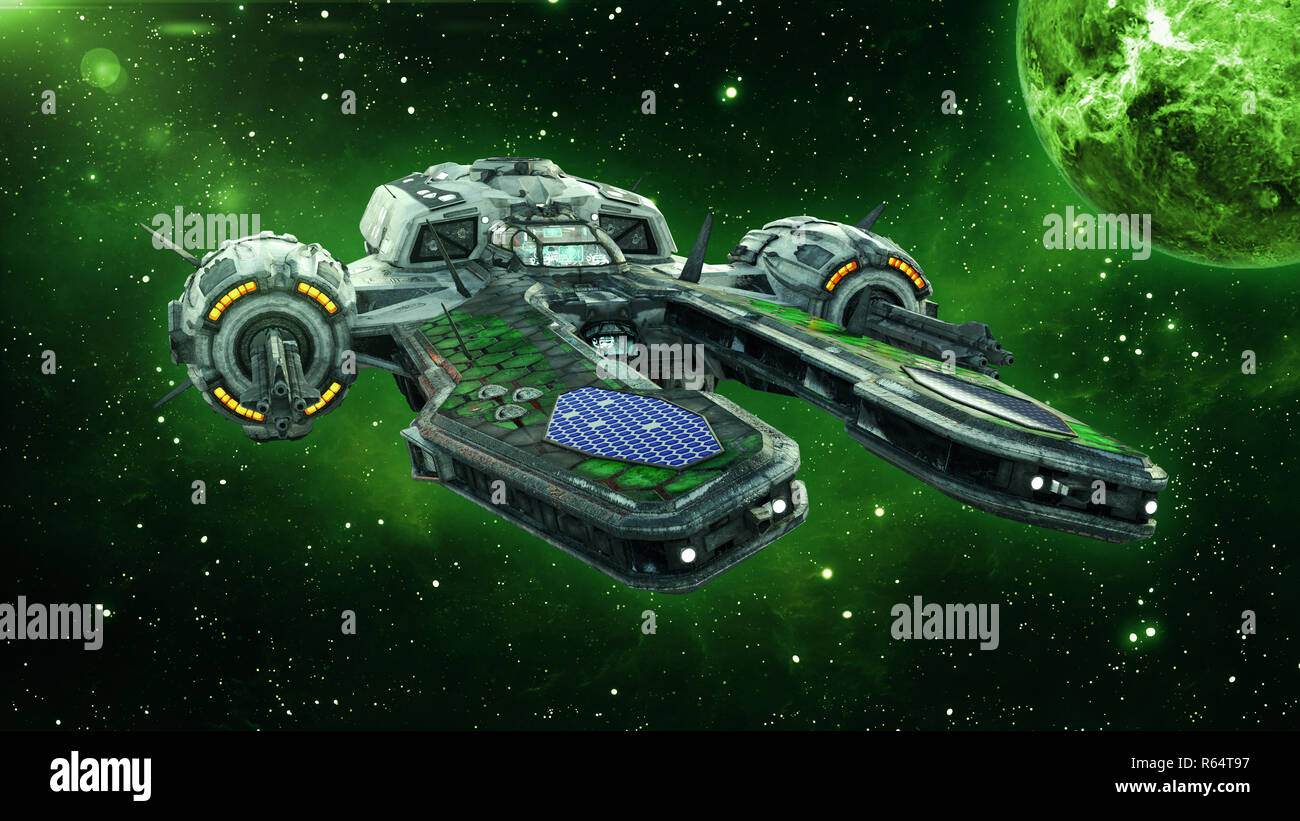 Alien spaceship in deep space with planets and stars in the background, UFO spacecraft flying in ...