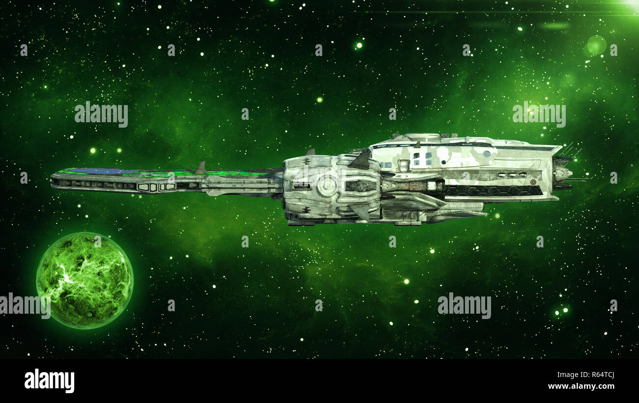 Alien spaceship in deep space with planets and stars in the background, UFO spacecraft flying in ...