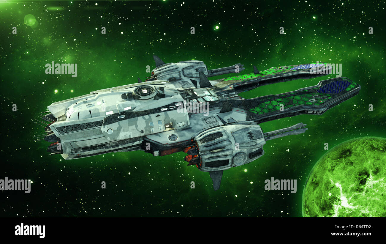 Alien spaceship in deep space with planets and stars in the background, UFO spacecraft flying in ...