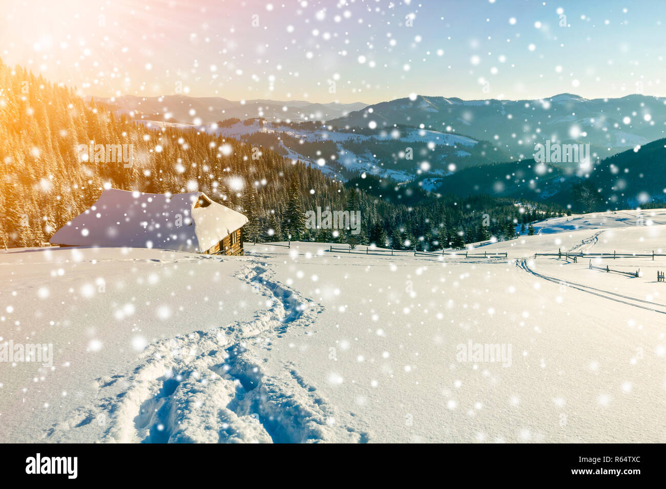 Human footprint path track in white deep snow leading to small wooden ...