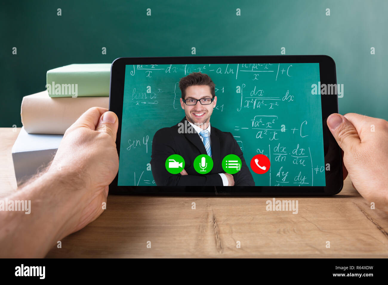 Human Hand Video Conferencing With Male On Digital Tablet Stock Photo ...