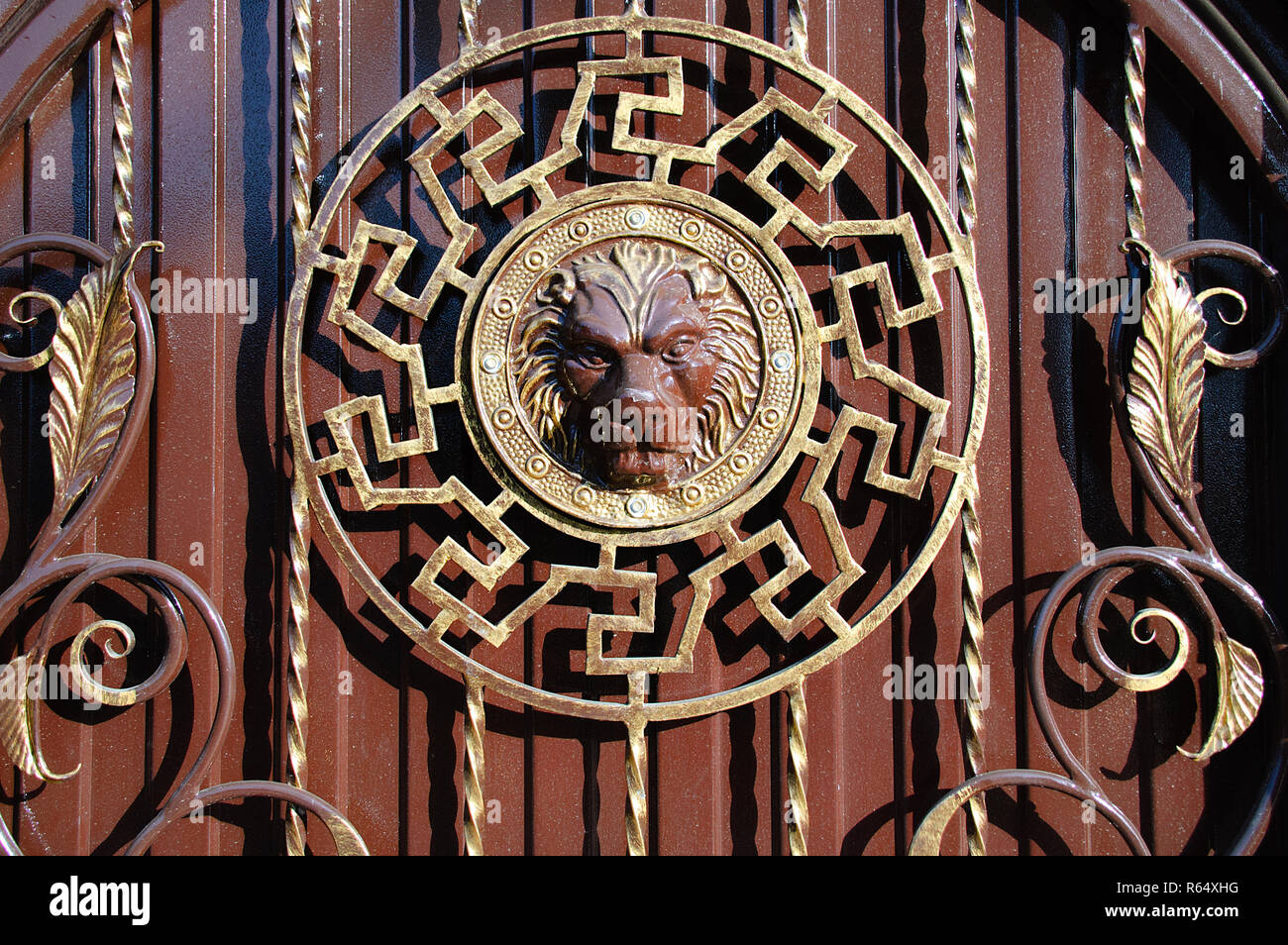 Fragment of a metal gate with elements of forged decor. The head of a ...