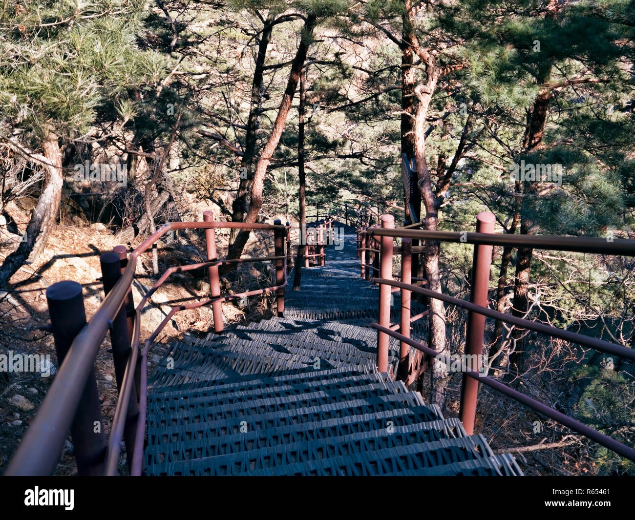 Long staircase leading down from the mountains. Seoraksan National Park ...