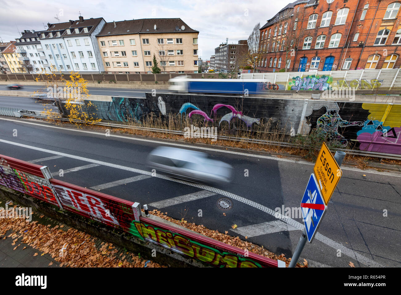 Highway, Exit of Autobahn A40, traffic in Essen, Germany, this area ...