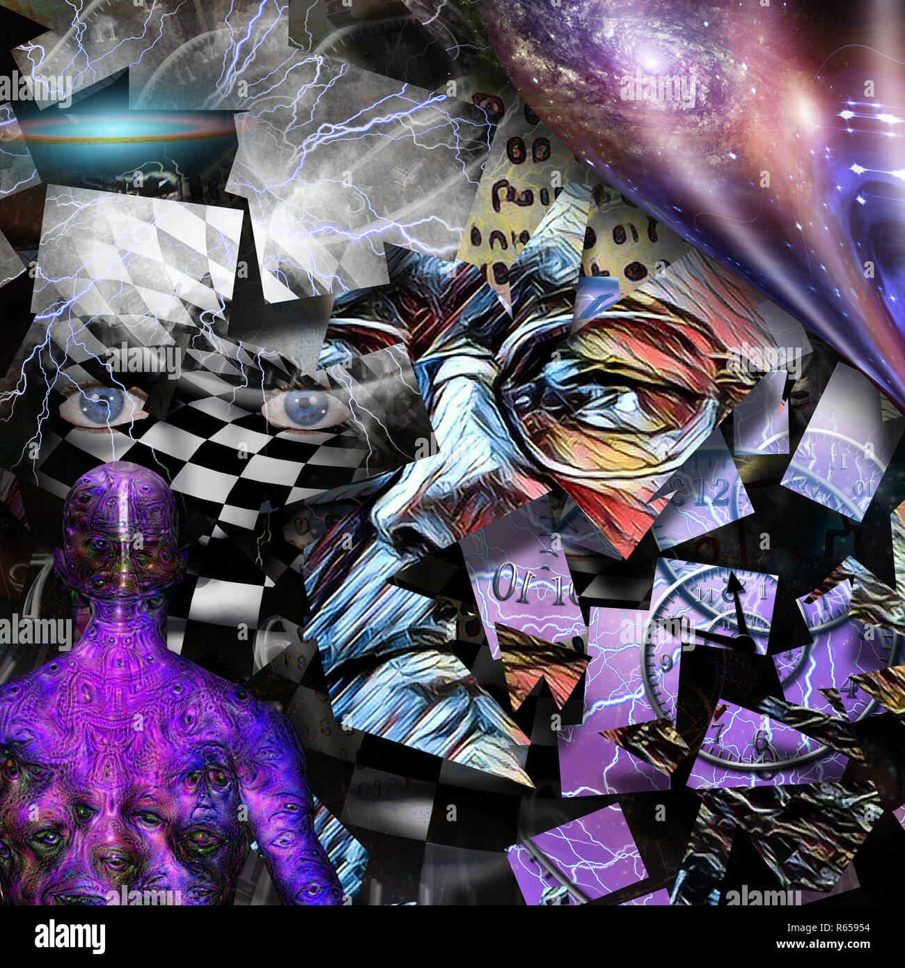 Surreal composition. Piece of mind. Fragments of human faces, warped ...