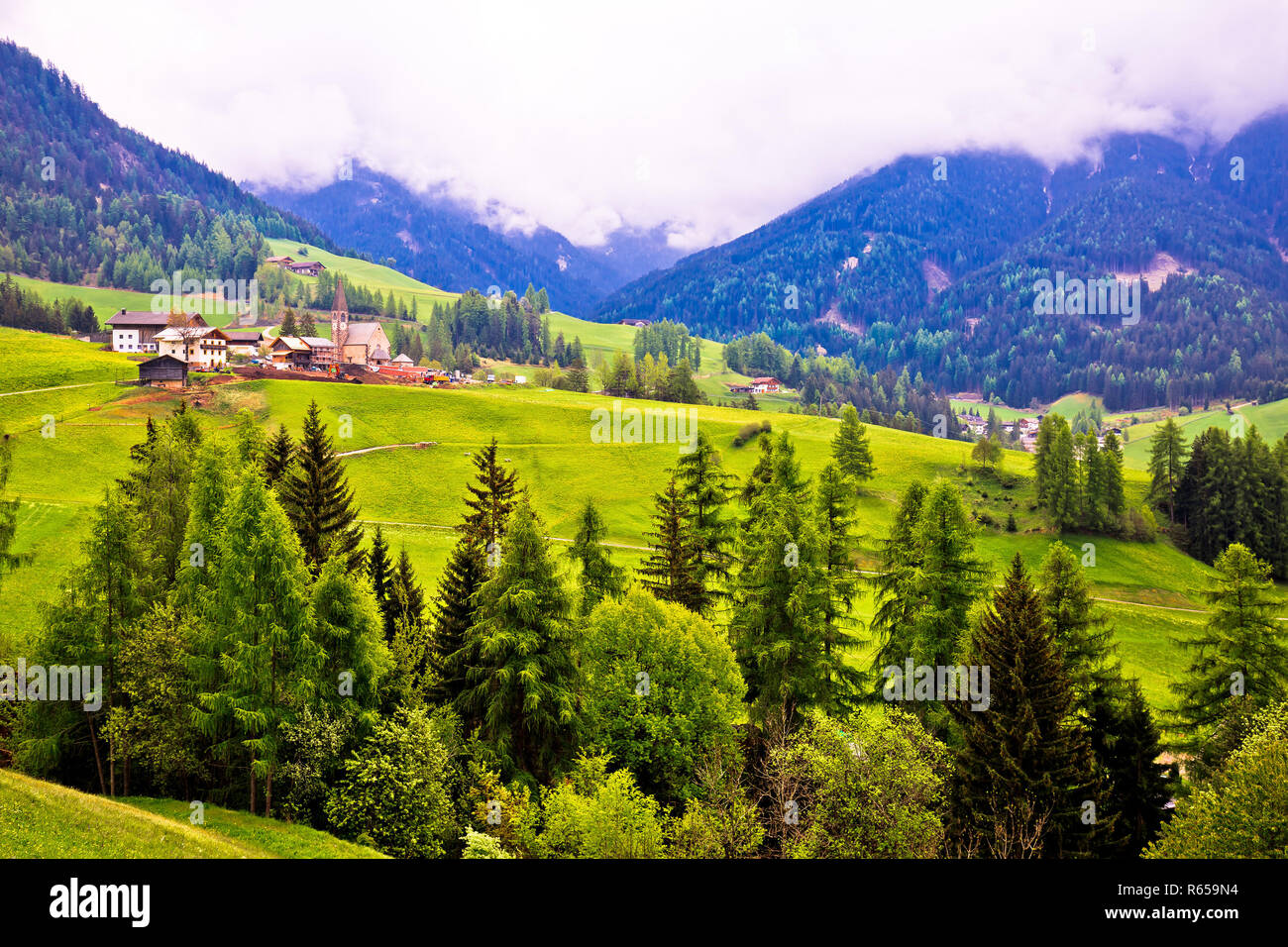 Saint Magdalena alpine village in Val Funes Stock Photo - Alamy