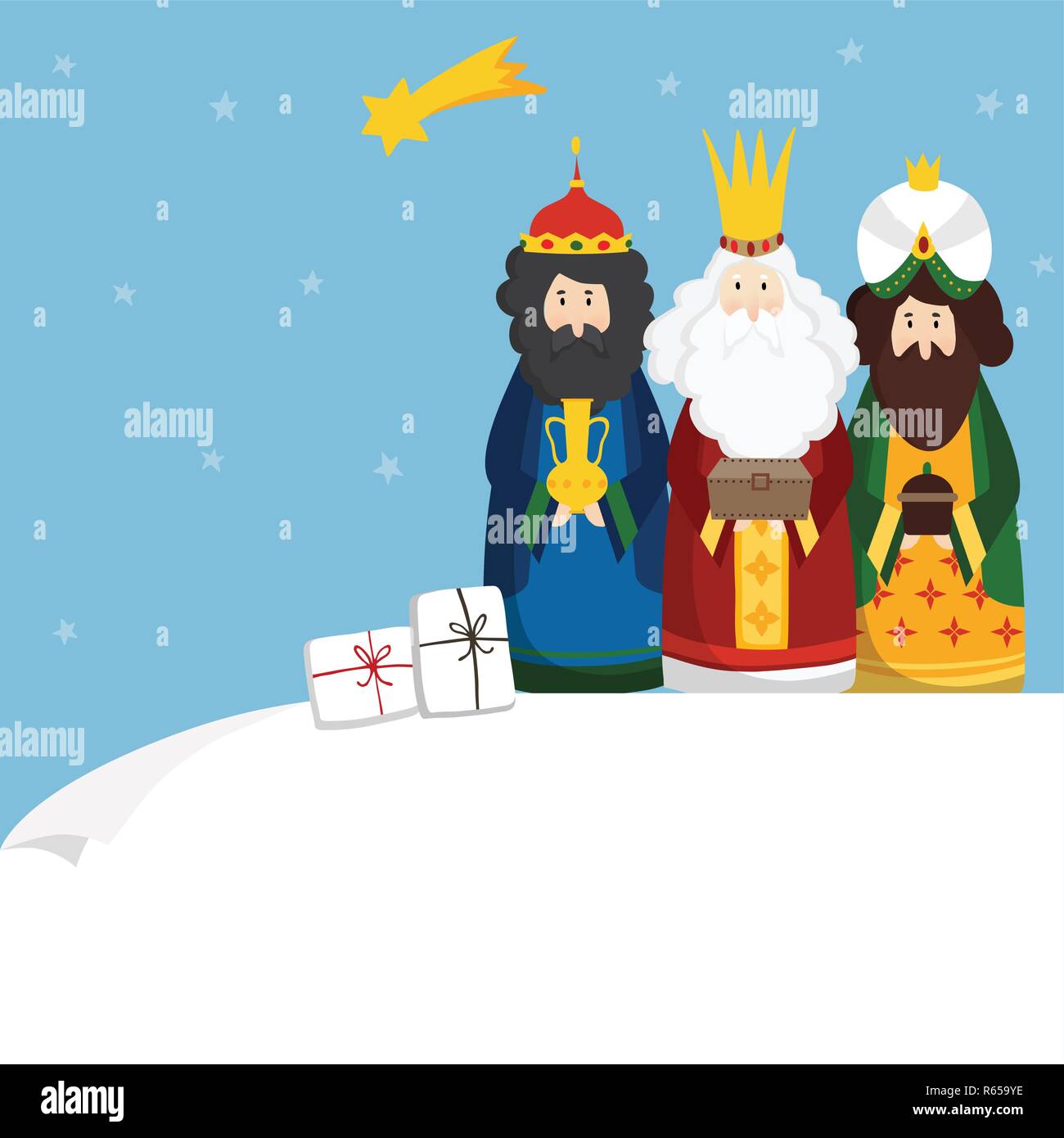 Christmas greeting card, invitation. Three magi bringing gifts and ...
