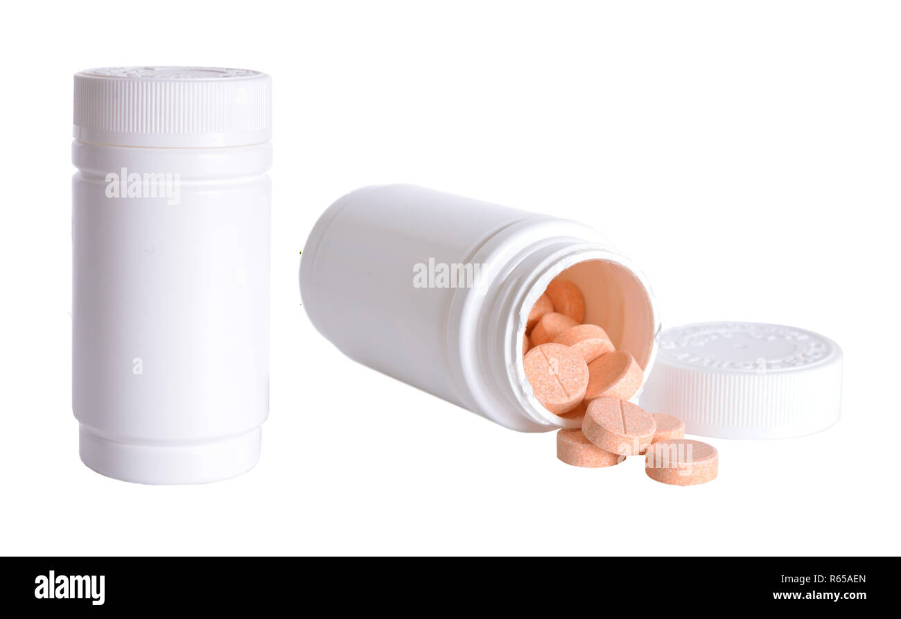 White medical container with pills isolated on white background Stock ...