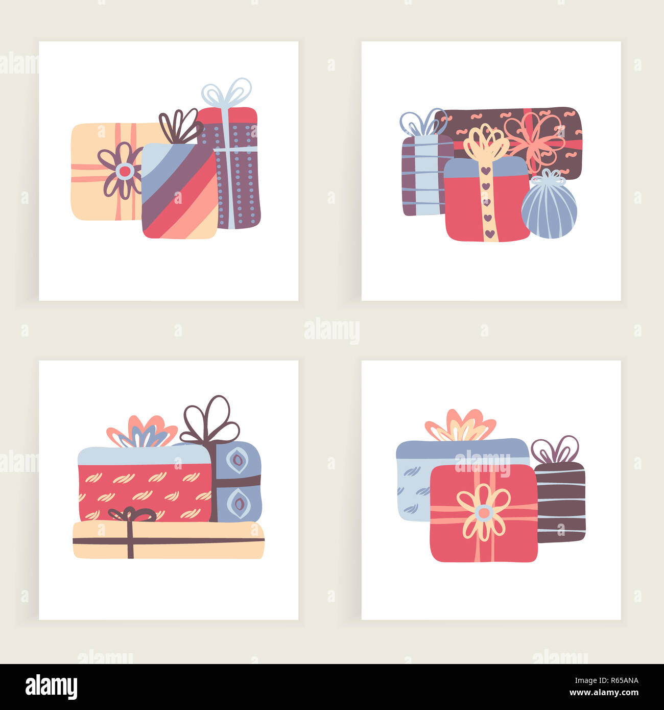 Set of four cards. Hand drawn colorful gifts isolated on white. Winter ...