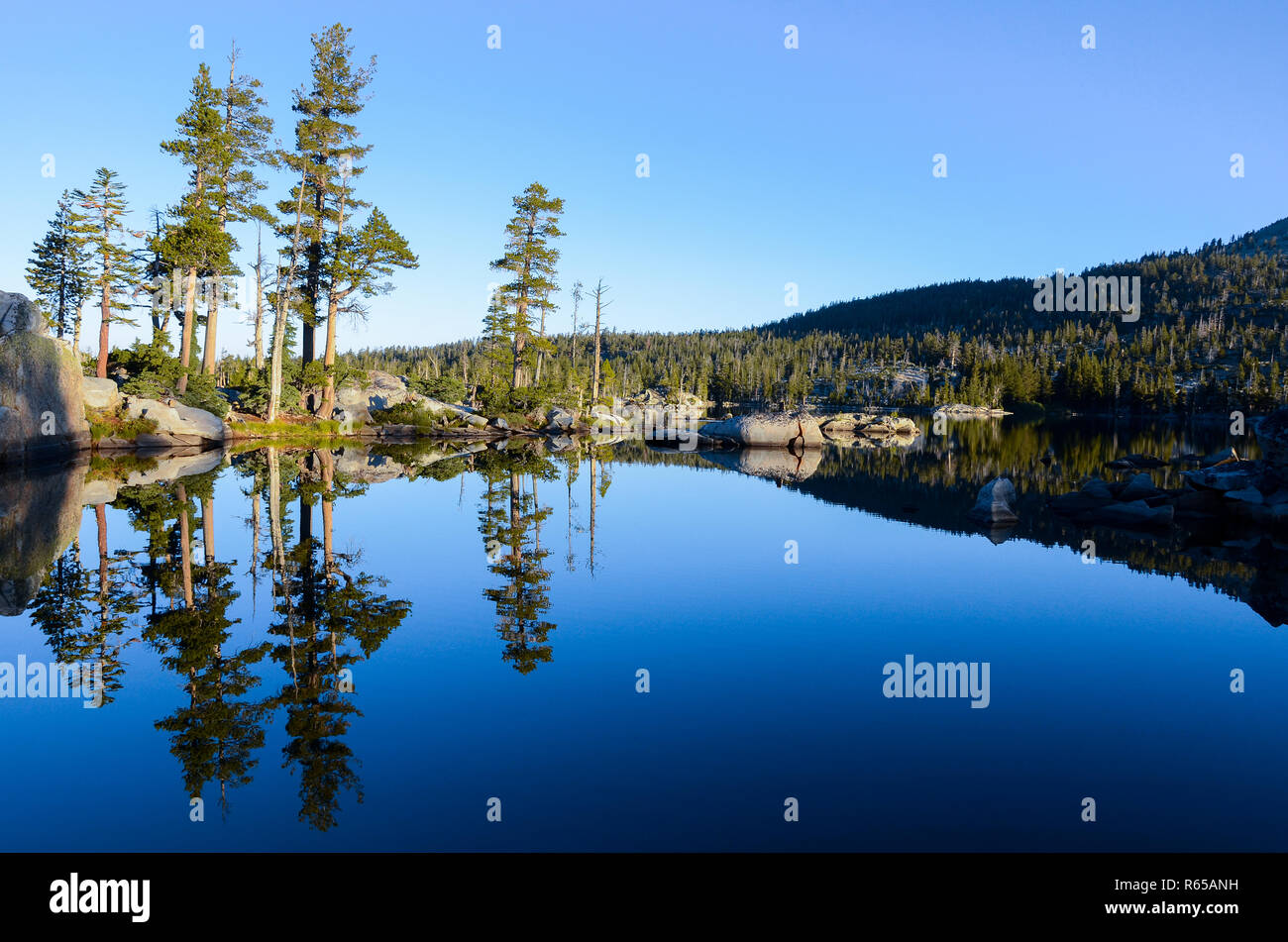Trees, rocks, and perfect blue sky reflected in the calm waters of an ...