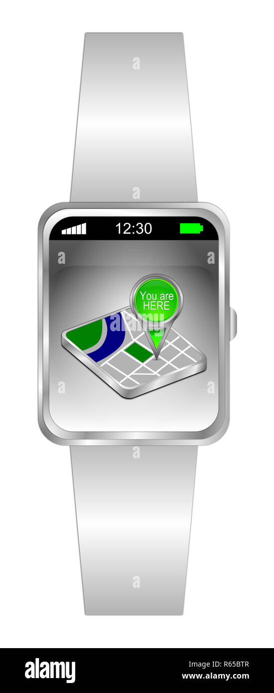 Smartwatch with green You are Here Map Pointer - 3D illustration Stock ...
