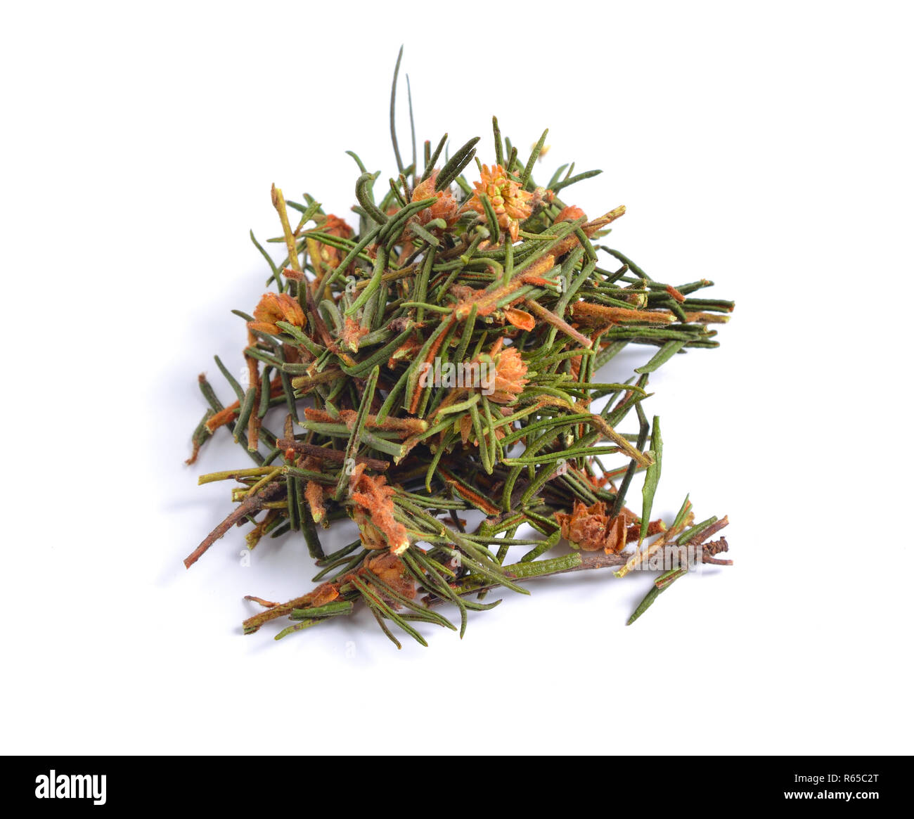 Dried medicinal herbs raw materials isolated on white. Rhododendron ...