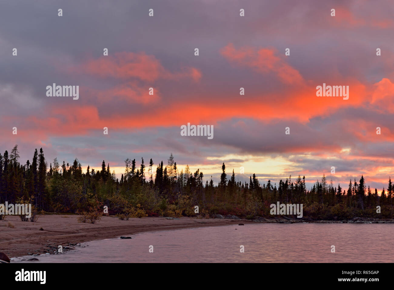 Sunset over Ennadai Lake, Arctic Haven Lodge, Nunavut Territory, Canada ...