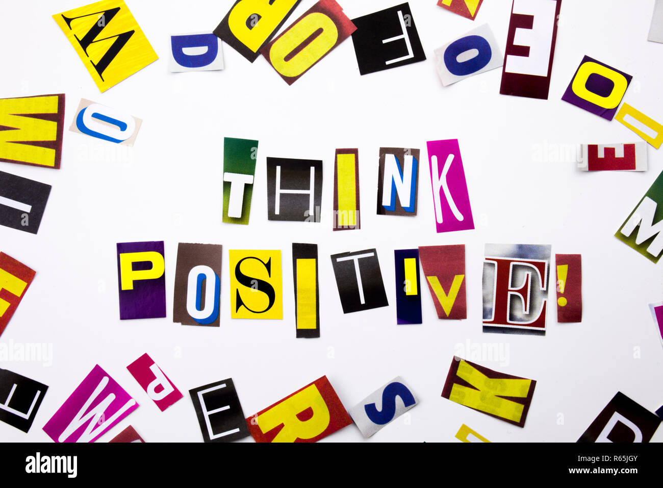 A word writing text showing concept of Think Positive made of different ...