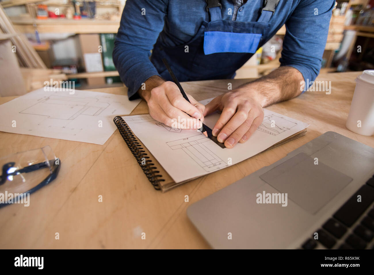 Carpenter Drawing Plans Stock Photo - Alamy