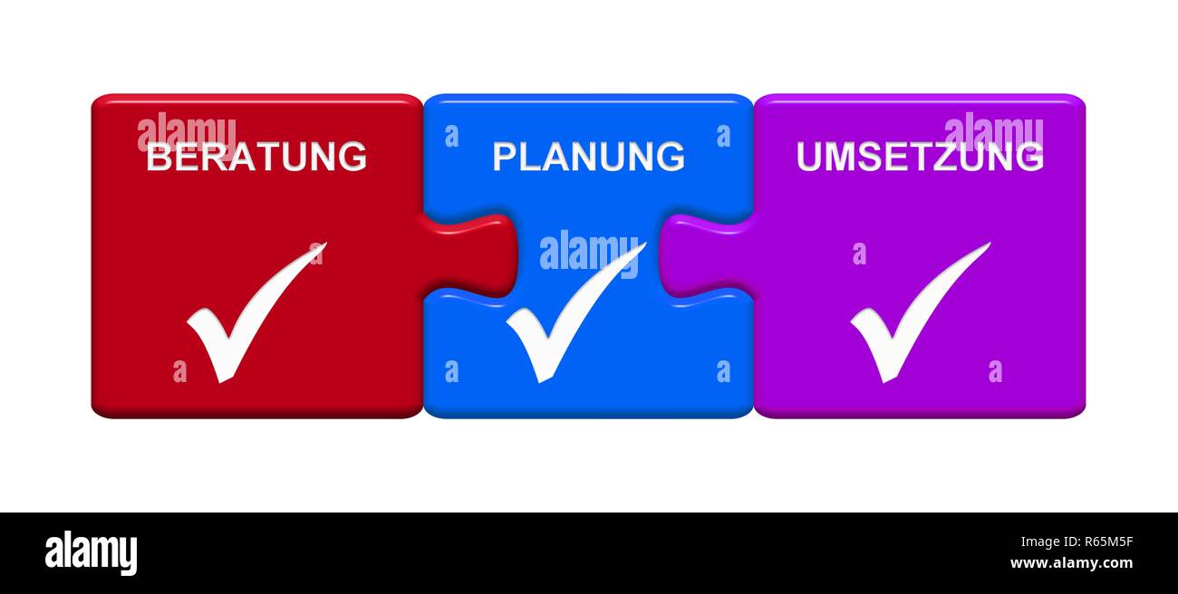 3 puzzle buttons show advice planning implementation Stock Photo - Alamy