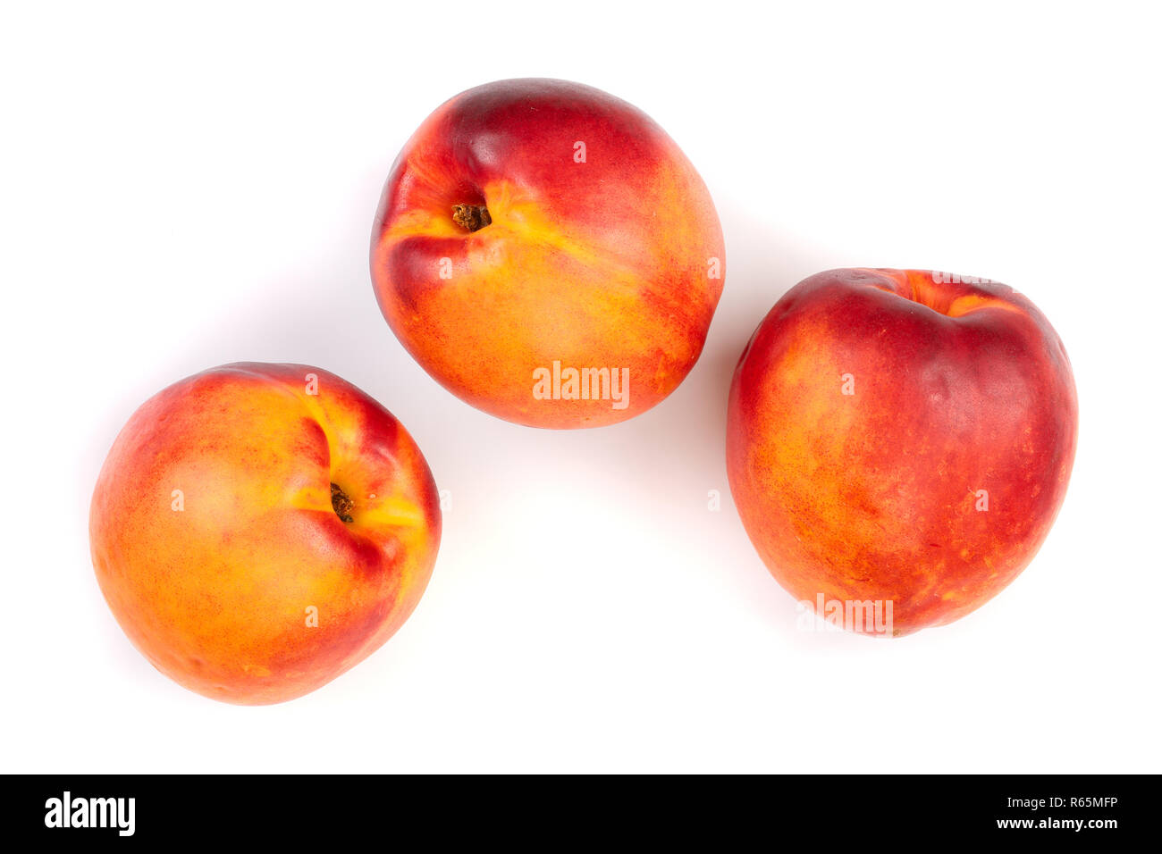 ripe nectarine with leaves isolated on white background. Top view. Flat ...