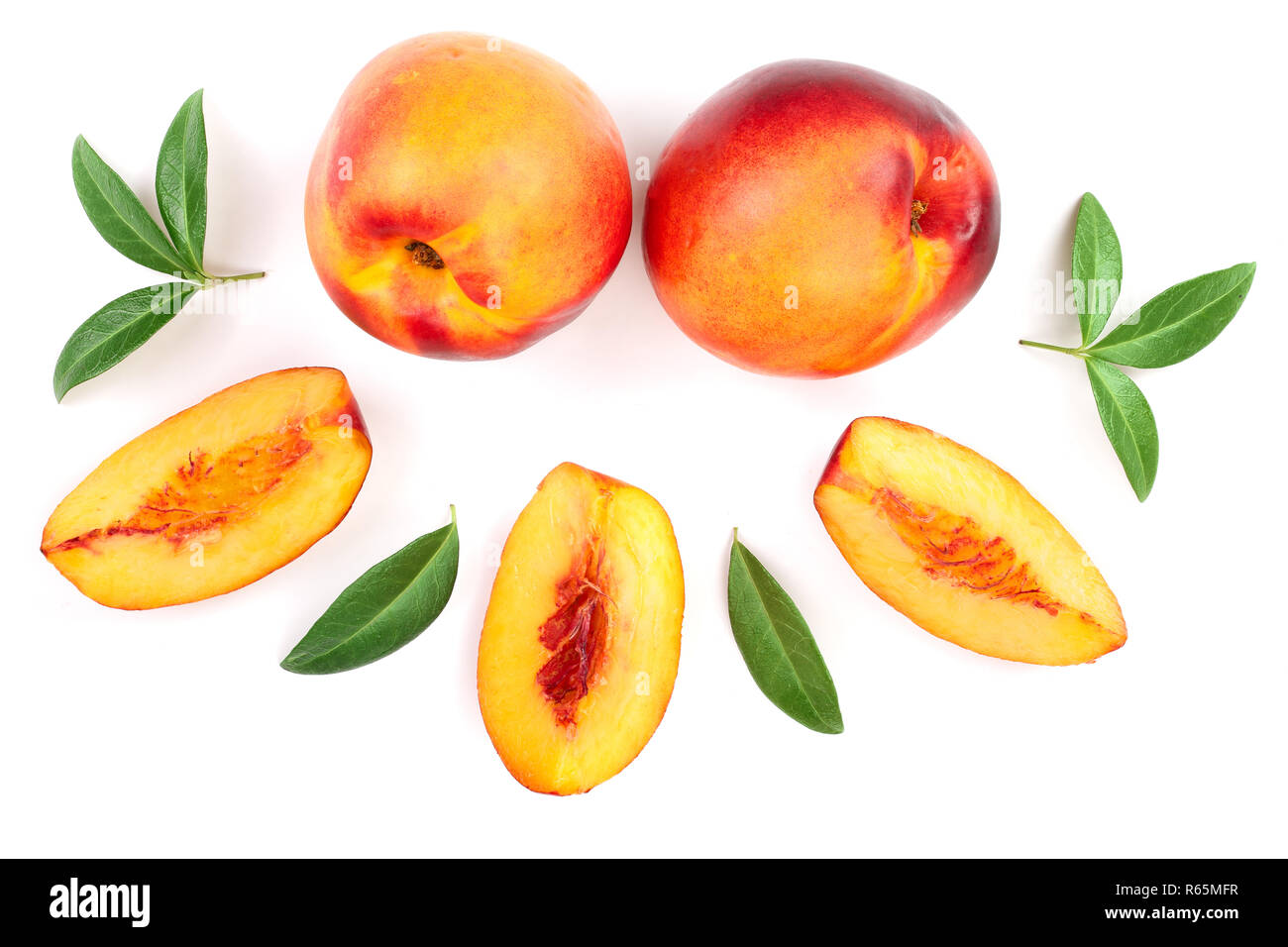 ripe nectarine with leaves isolated on white background. Top view. Flat ...