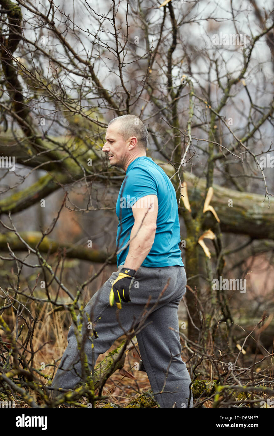Farmer with cutting axe working on a fell tree Stock Photo - Alamy