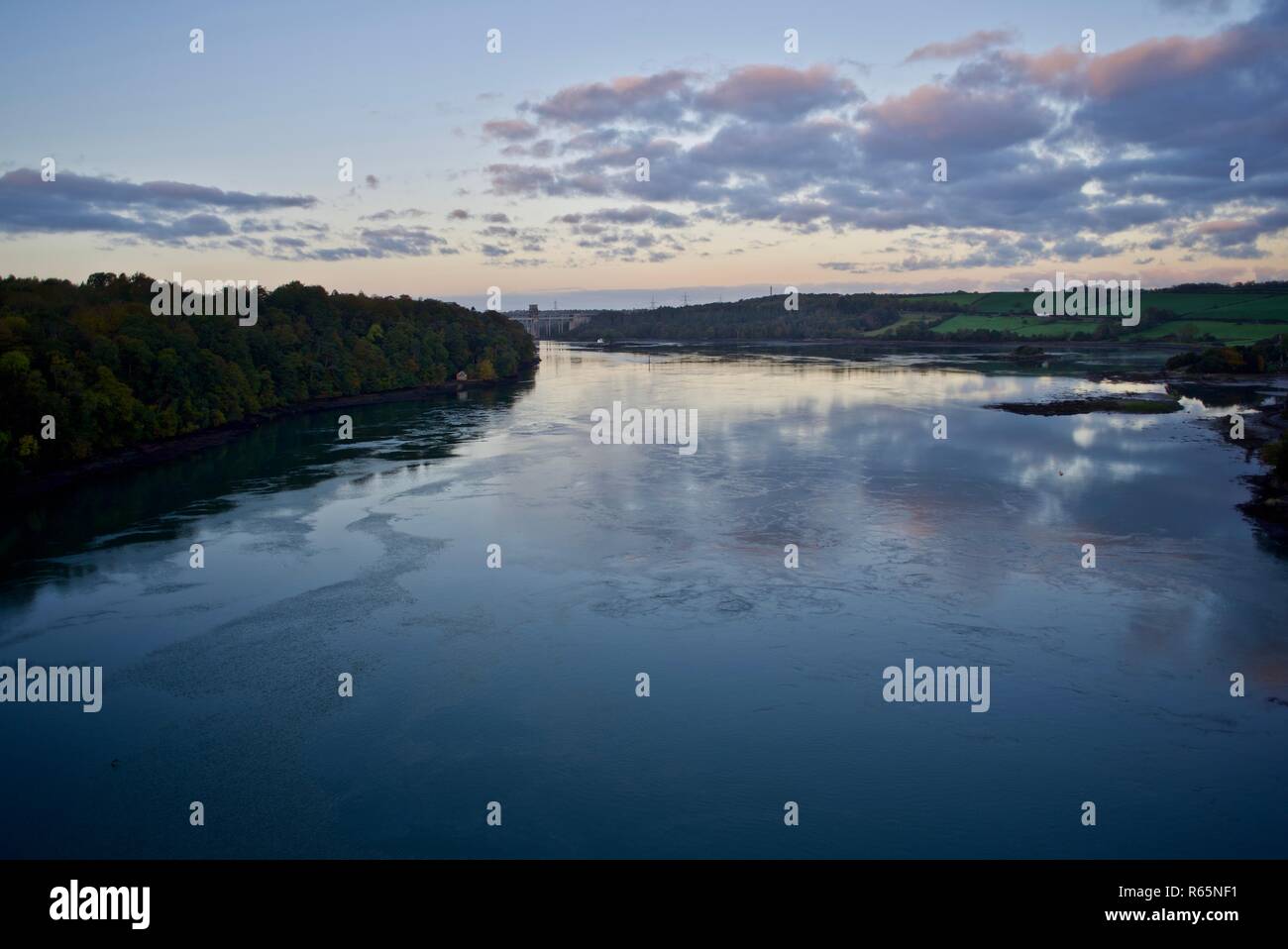 The Menai Strait viewed from the Menai Suspension Bridge with the ...