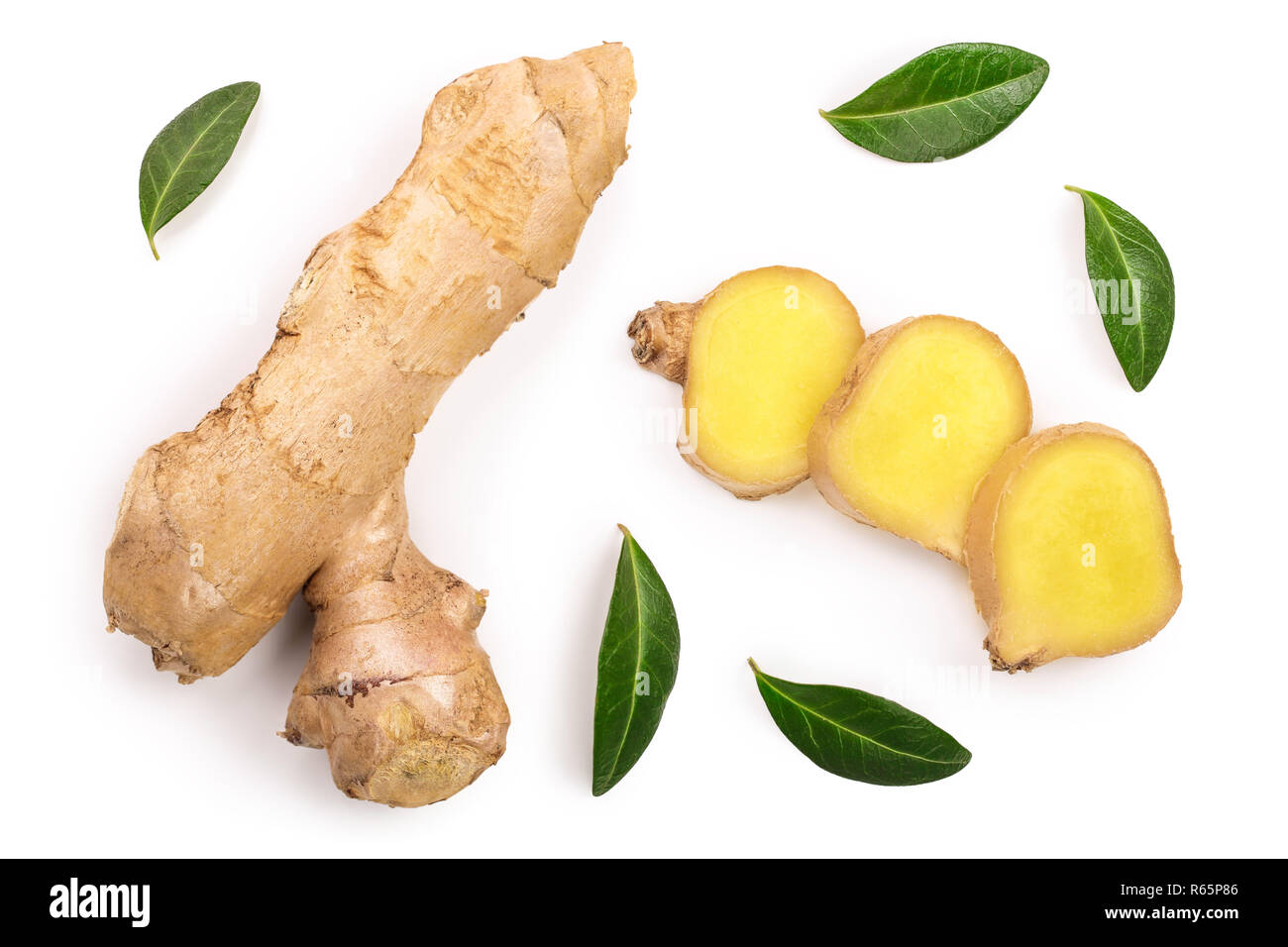 fresh Ginger root and slice isolated on white background. Top view ...