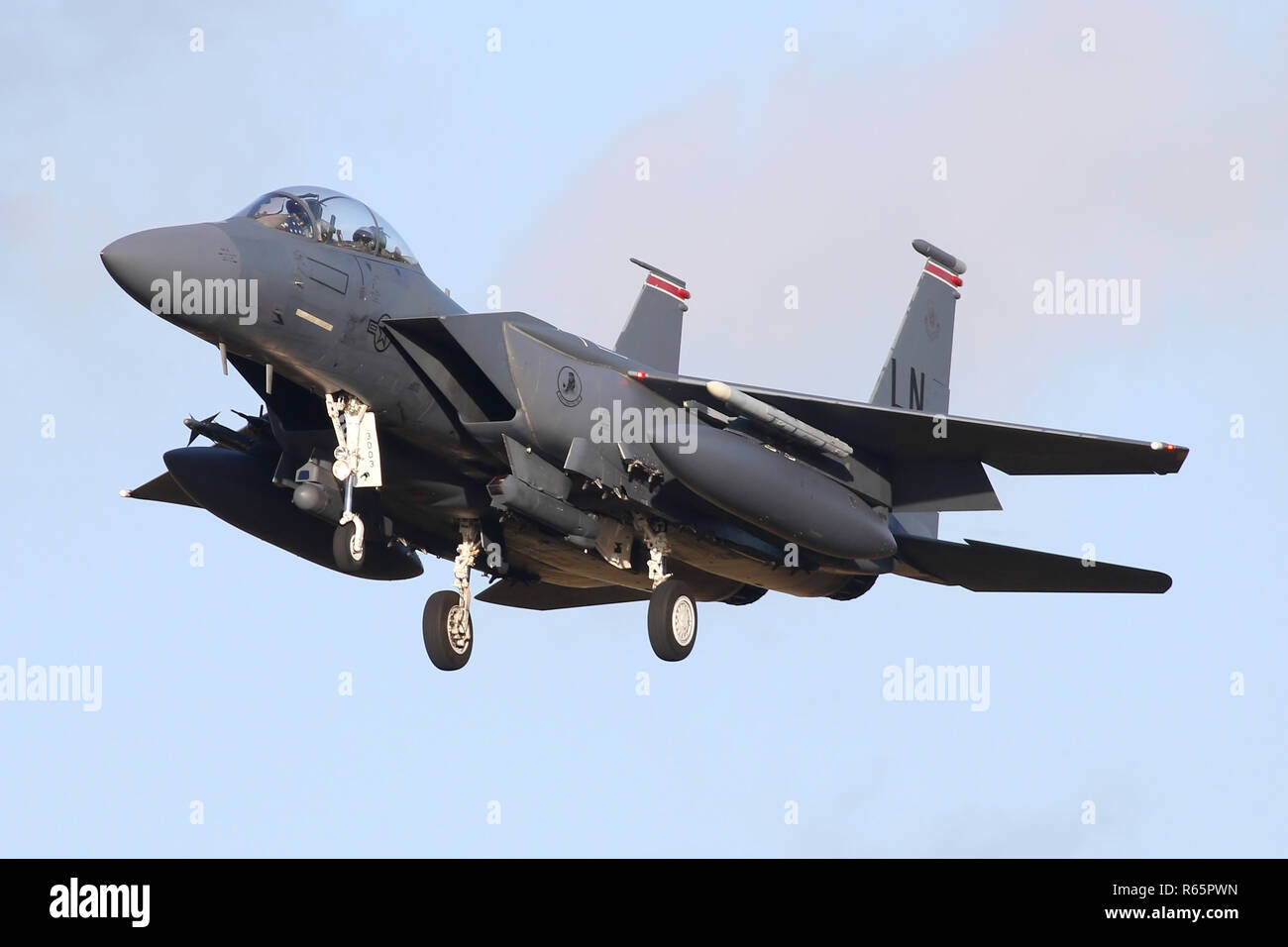 Down the nose of a 494th FS F-15E Strike Eagle on the approach into RAF ...
