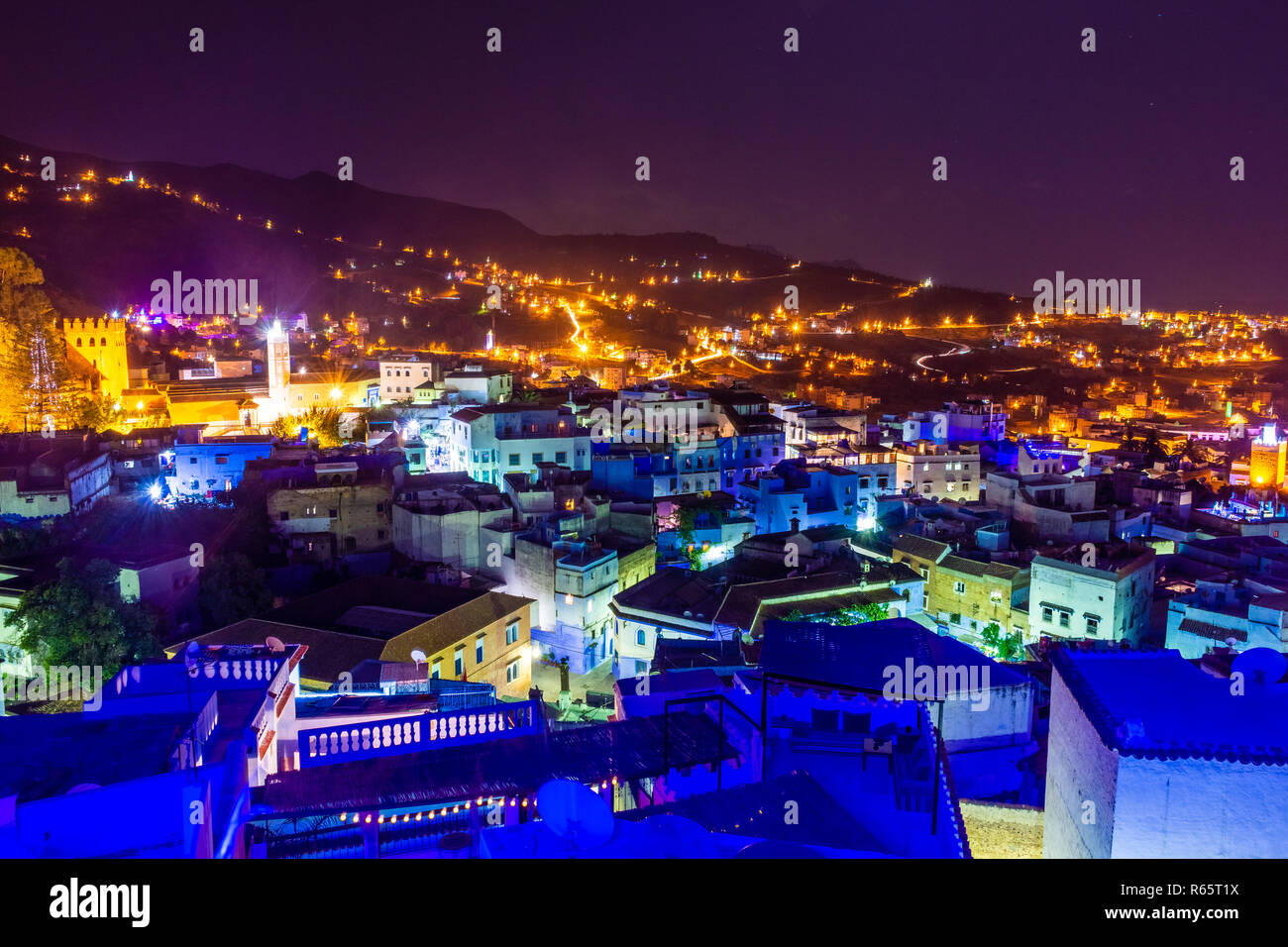 Cityscape of Chefchaouen by night, Morocco Stock Photo - Alamy