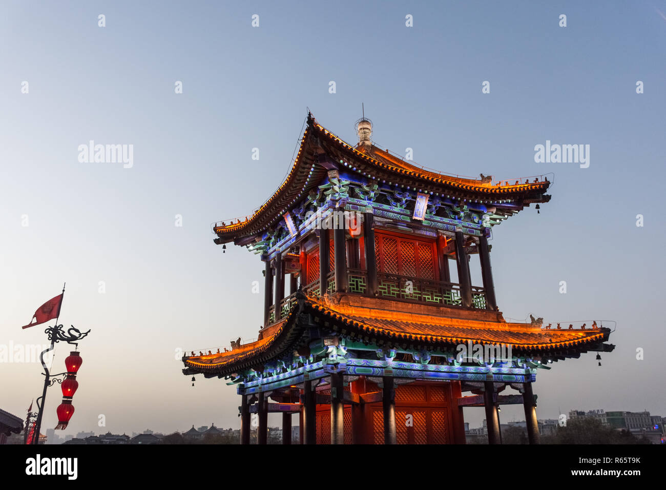 Beautiful illuminated traditional chinese temple on the Xi'An City ...