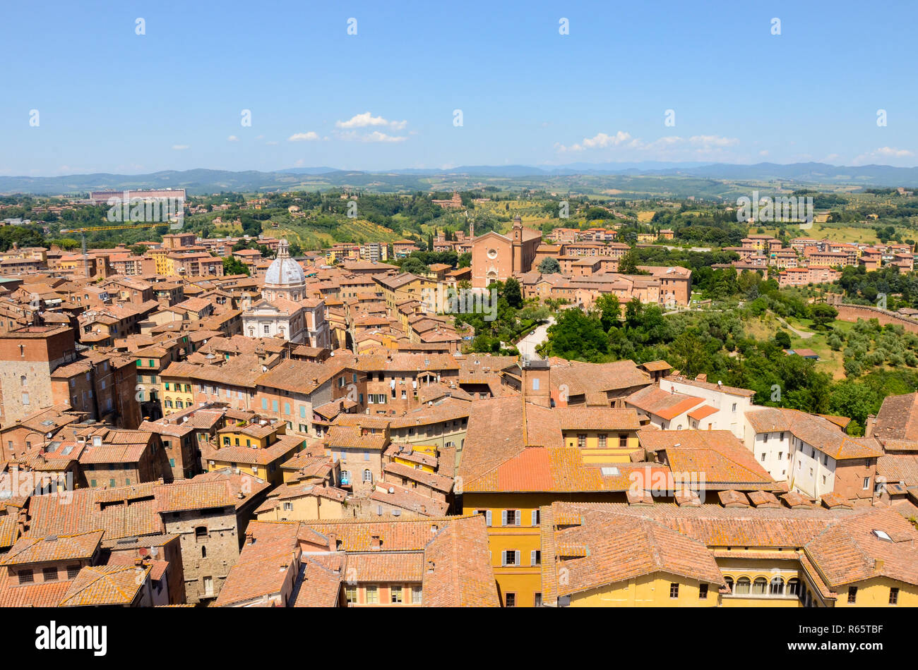 Rooftop view of colorful yellow, green, and brown buildings in the ...