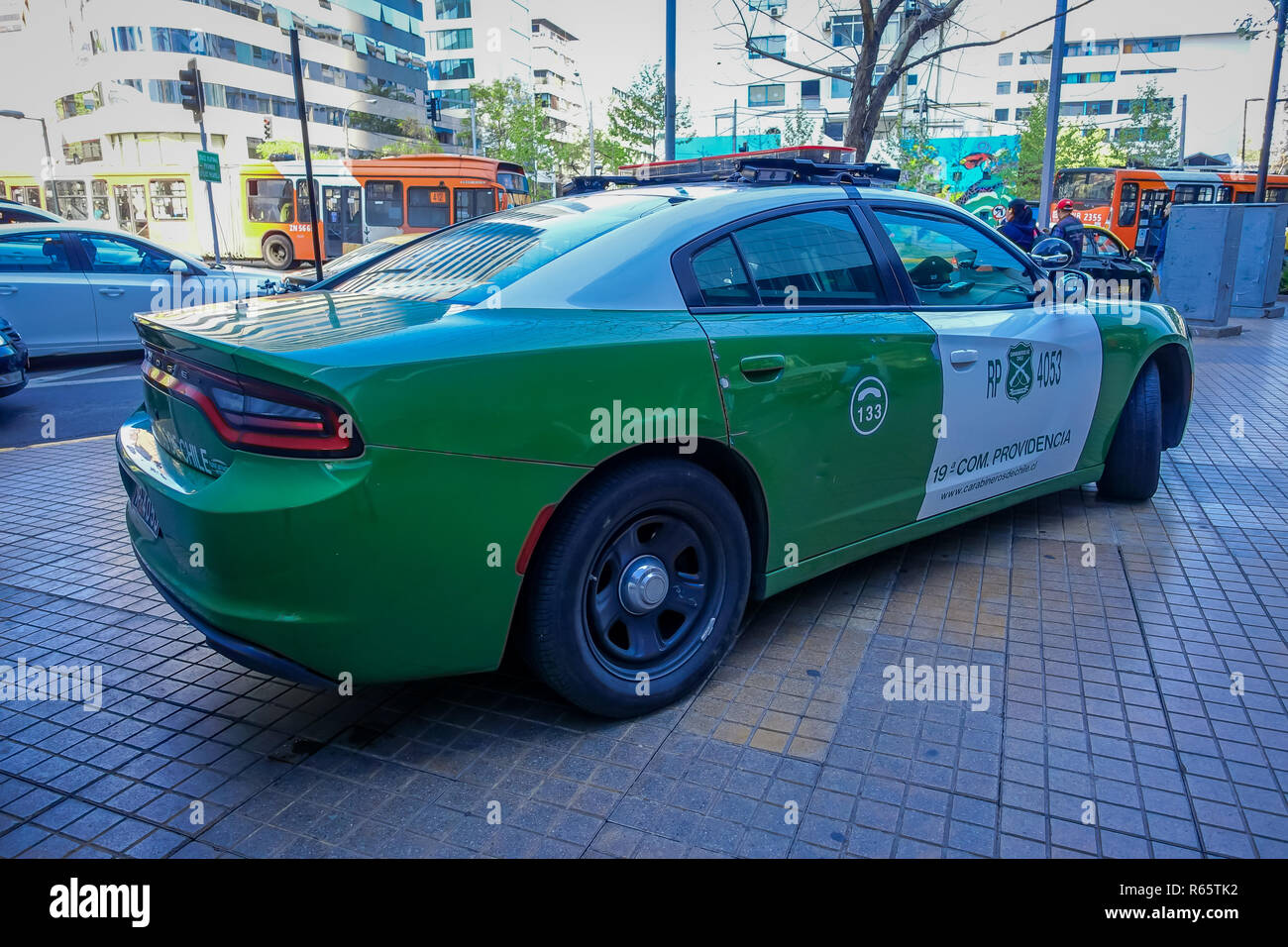 SANTIAGO, CHILE - OCTOBER 16, 2018: Outdoor view of green Police ...