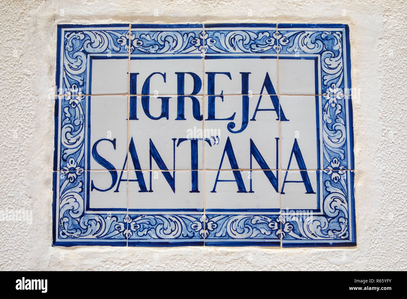 The tiled sign on the facade of the historic Igreja de Sant Ana in ...