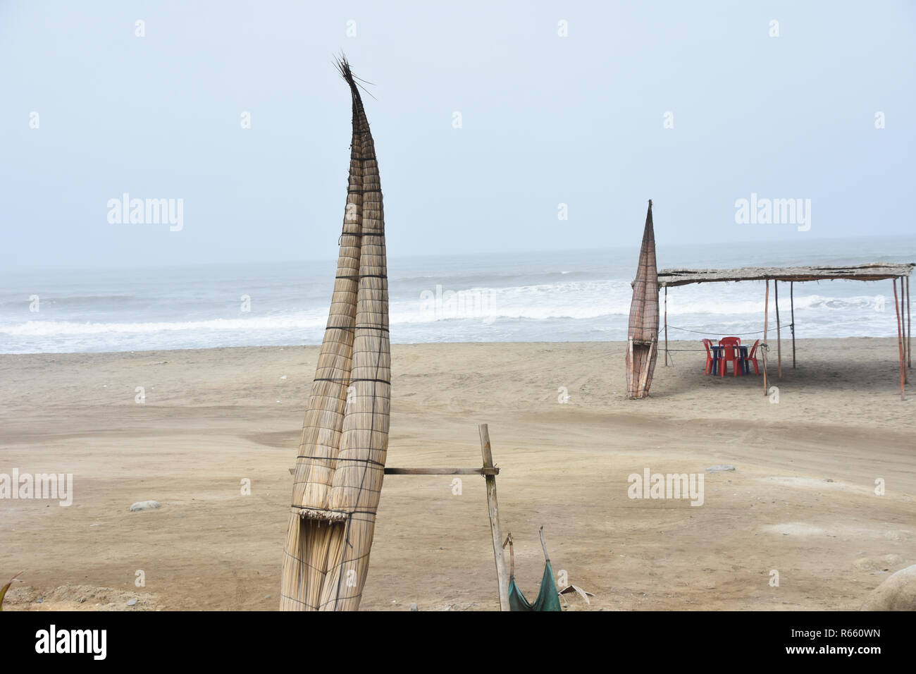 Traditional reed boat on the Peruvian coast. Still used by fisherman ...