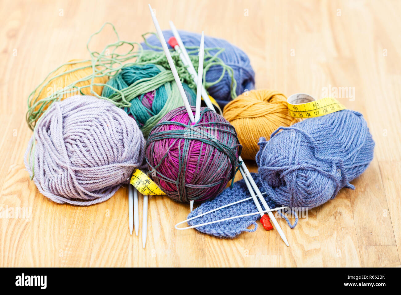 hand knitting materials and wool yarns Stock Photo - Alamy