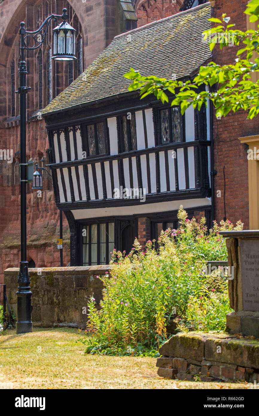 A view of an original medieval timber-framed house in the historic city ...