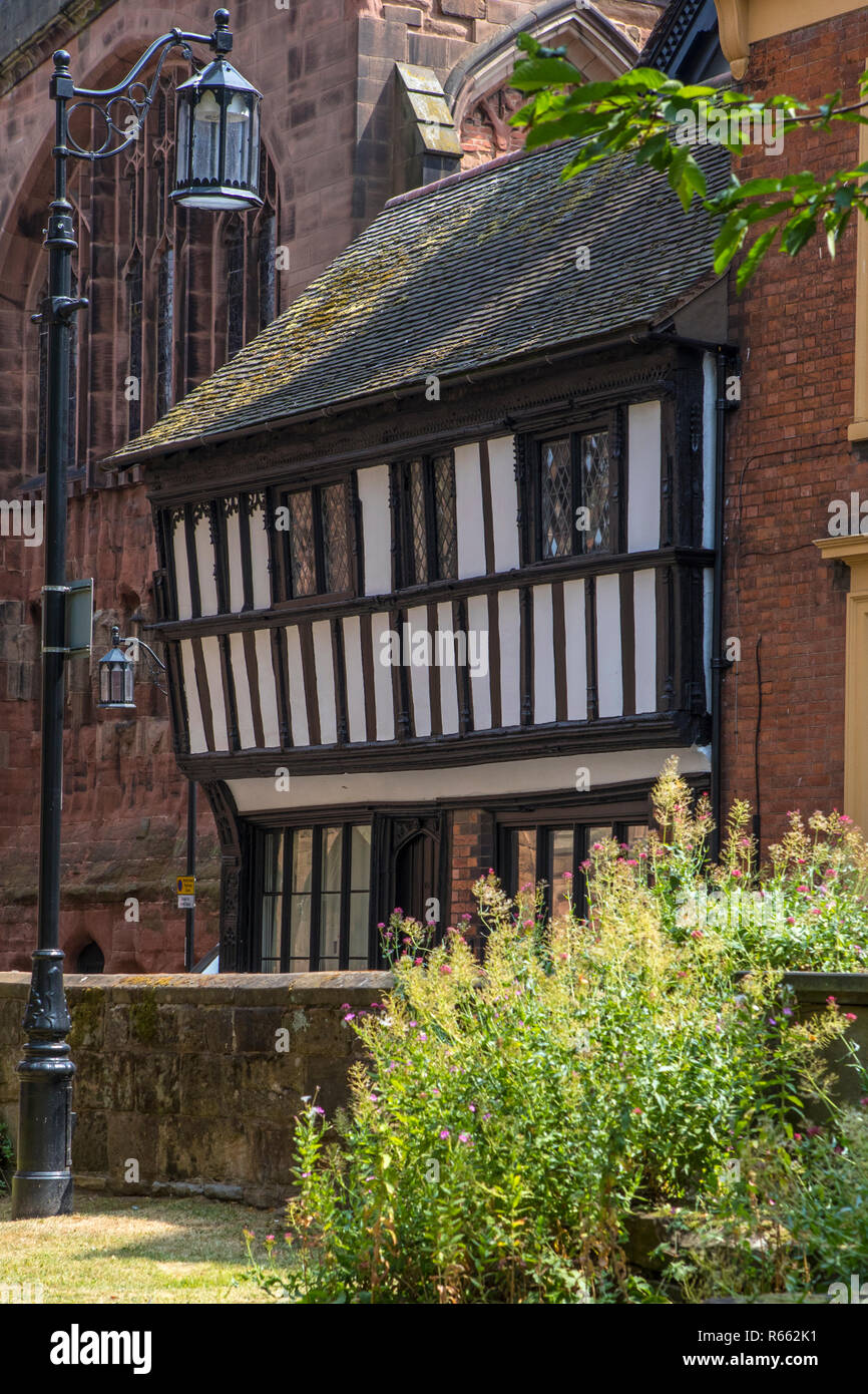 A view of an original medieval timber-framed house in the historic city ...