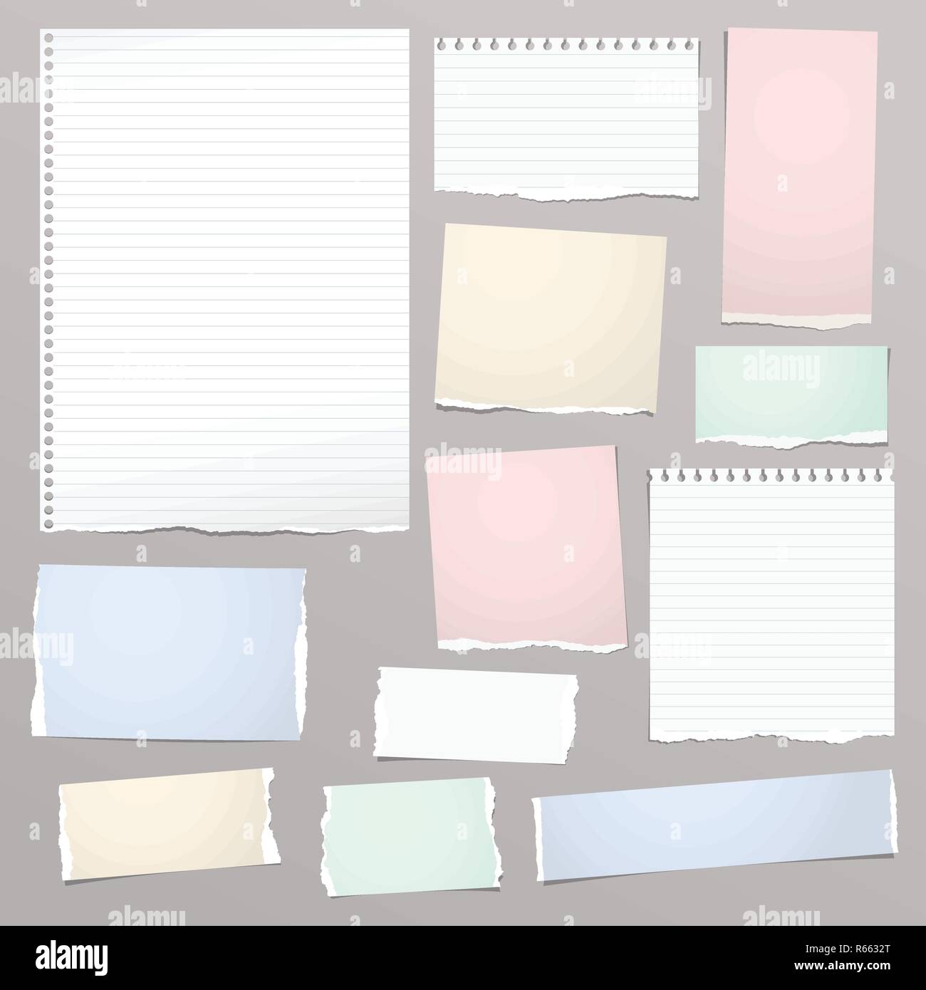 White and colorful notebook paper, lined note paper strips stuck on ...