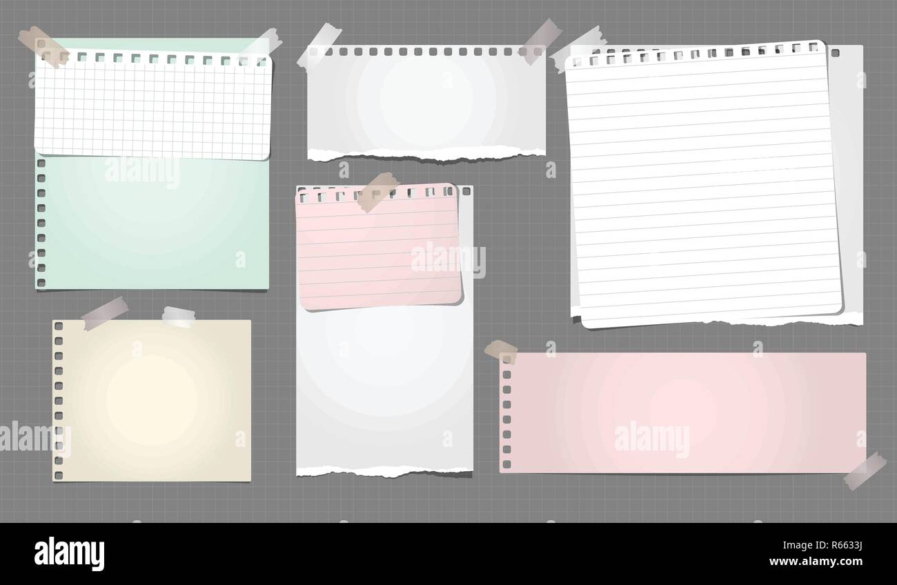 White and colorful ripped notebook paper, torn lined note paper strips ...