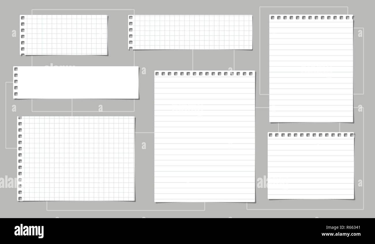 White notebook paper, lined and squared note paper strips stuck on ...