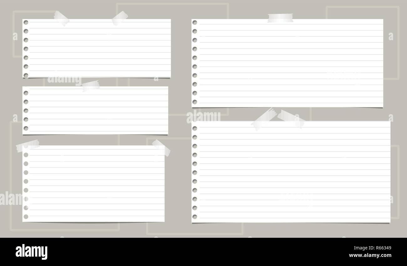 White notebook paper, lined and squared note paper strips stuck on ...