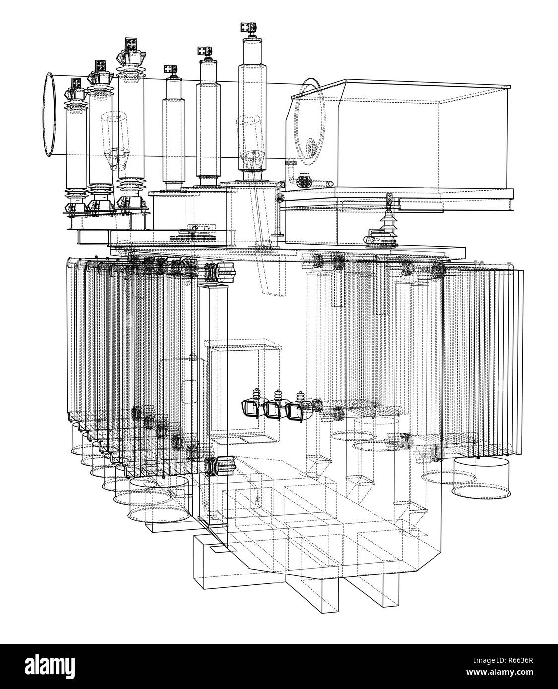 High-voltage transformer concept. 3d illustration. Wire-frame style ...
