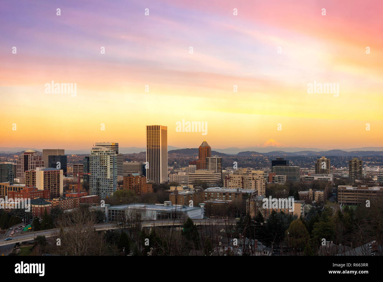 Portland oregon downtown skyline with mount hood panorama hi-res stock ...