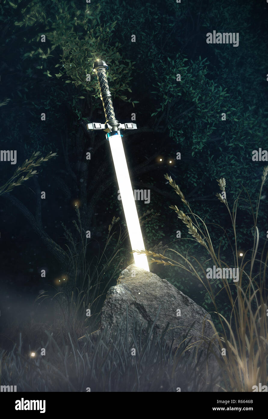 Shining in the dark sword excalibur King Arthur stuck in the rock stone ...