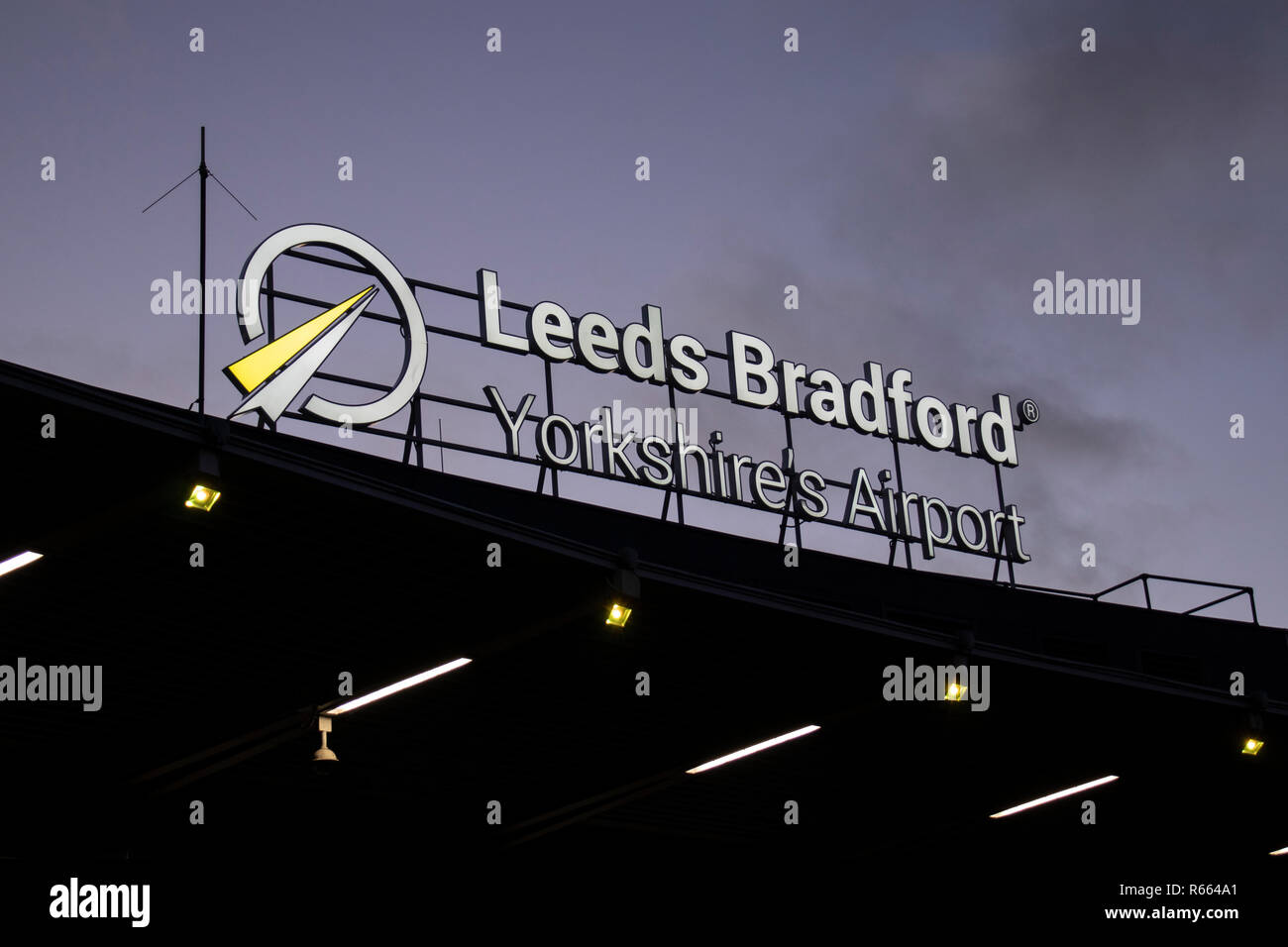 The welcome to Leeds & Bradford Airport sign at LBA. Night time ...
