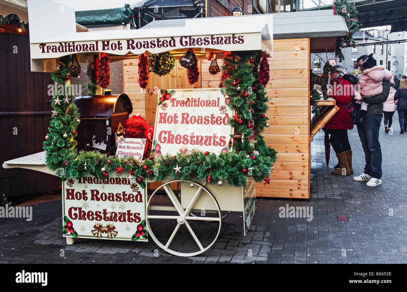 Roast chestnut stall at a Christmas market in Newcastle upon Tyne, UK ...