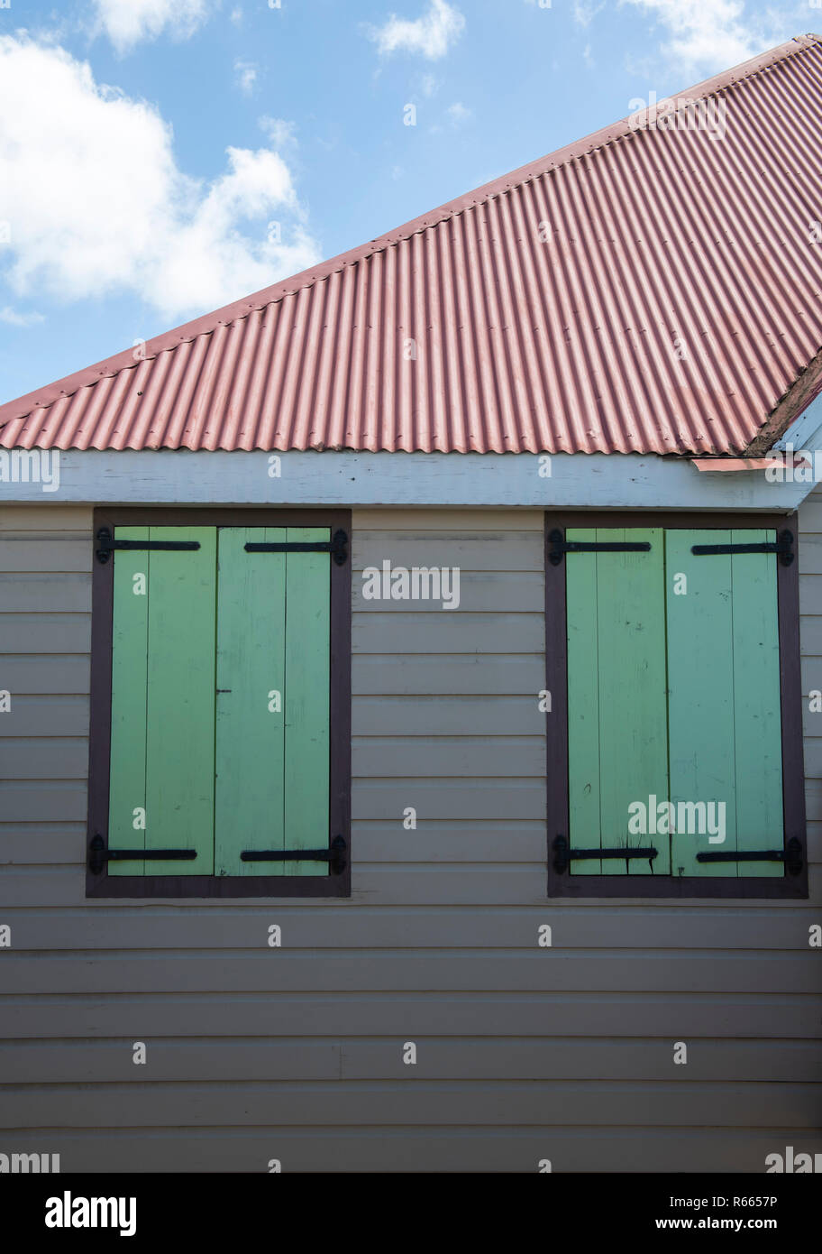 Green wooden shuttered windows Antigua Stock Photo - Alamy