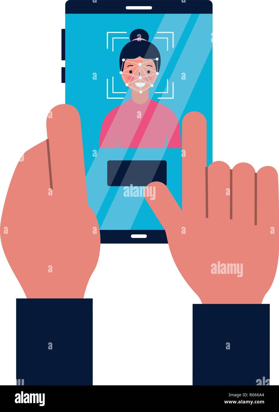hand with cellphone face scan biometric technology vector illustration ...